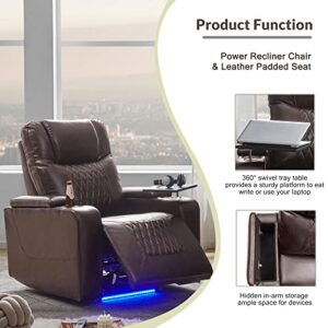 Merax Power Recliner Chair, Leather Lazy Boy Single Sofa with Cup Holders, Tray Table and Storage, Brown