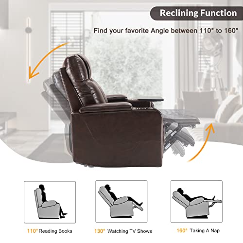 Merax Power Recliner Chair, Leather Lazy Boy Single Sofa with Cup Holders, Tray Table and Storage, Brown