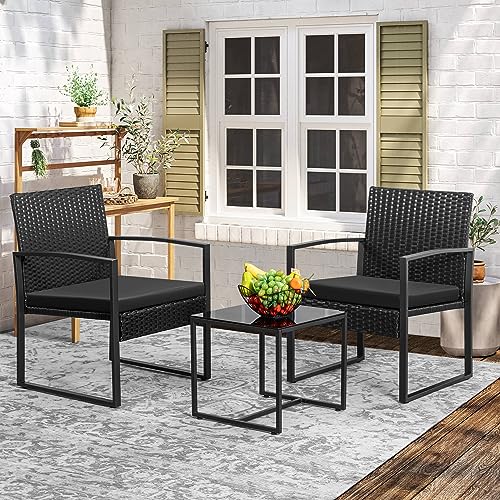 Devoko 3 Piece Patio Outdoor Furniture Set Wicker Table and Chairs Set for Balcony Porch Bistro, Black