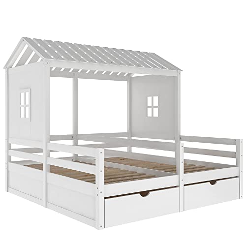 BOVZA Double Twin Size House Bed with Storage Drawers, Side by Side Twin Size Beds, Two Twin Platform Beds for Kids Girls Boys Teens, White