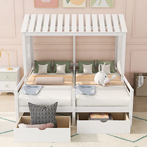 BOVZA Double Twin Size House Bed with Storage Drawers, Side by Side Twin Size Beds, Two Twin Platform Beds for Kids Girls Boys Teens, White