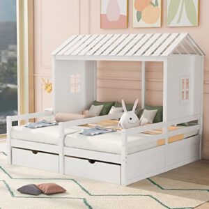 BOVZA Double Twin Size House Bed with Storage Drawers, Side by Side Twin Size Beds, Two Twin Platform Beds for Kids Girls Boys Teens, White