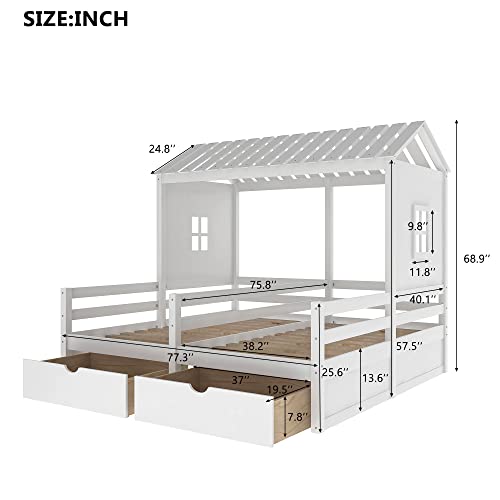 BOVZA Double Twin Size House Bed with Storage Drawers, Side by Side Twin Size Beds, Two Twin Platform Beds for Kids Girls Boys Teens, White