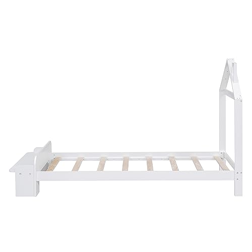 Twin Bed Frames with Headboard and Footboard Bench, Twin Bed Frame with House Shaped Headboard and Chimney, Twin Bed Frames for Kids, Girls Boys, No Box Spring Needed(White)