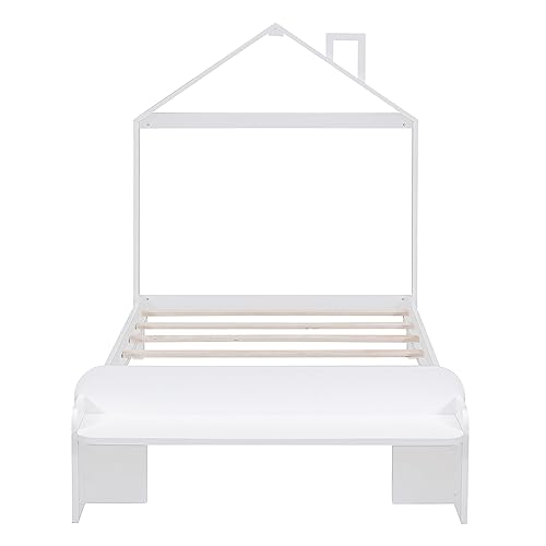 Twin Bed Frames with Headboard and Footboard Bench, Twin Bed Frame with House Shaped Headboard and Chimney, Twin Bed Frames for Kids, Girls Boys, No Box Spring Needed(White)