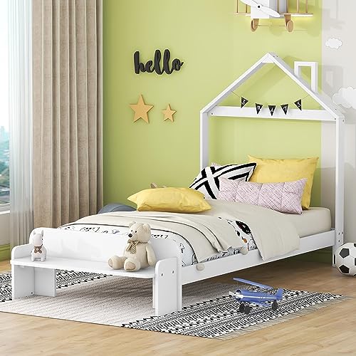 Twin Bed Frames with Headboard and Footboard Bench, Twin Bed Frame with House Shaped Headboard and Chimney, Twin Bed Frames for Kids, Girls Boys, No Box Spring Needed(White)