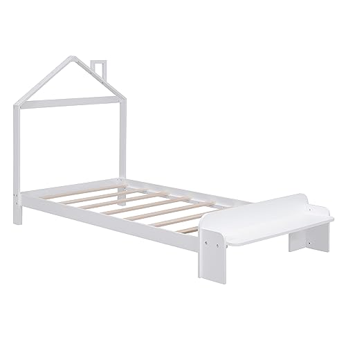 Twin Bed Frames with Headboard and Footboard Bench, Twin Bed Frame with House Shaped Headboard and Chimney, Twin Bed Frames for Kids, Girls Boys, No Box Spring Needed(White)