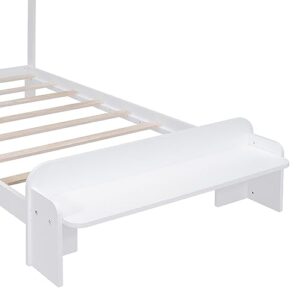 Twin Bed Frames with Headboard and Footboard Bench, Twin Bed Frame with House Shaped Headboard and Chimney, Twin Bed Frames for Kids, Girls Boys, No Box Spring Needed(White)