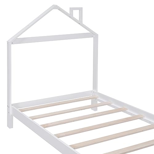 Twin Bed Frames with Headboard and Footboard Bench, Twin Bed Frame with House Shaped Headboard and Chimney, Twin Bed Frames for Kids, Girls Boys, No Box Spring Needed(White)