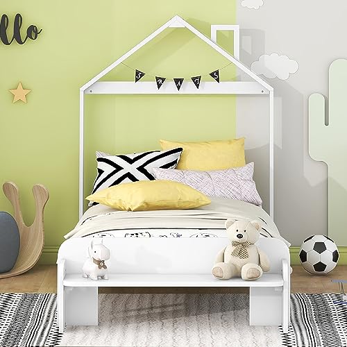 Twin Bed Frames with Headboard and Footboard Bench, Twin Bed Frame with House Shaped Headboard and Chimney, Twin Bed Frames for Kids, Girls Boys, No Box Spring Needed(White)