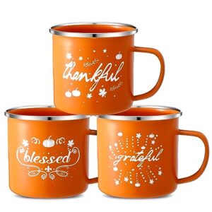 uiifan 3 pcs fall autumn coffee mugs 16 oz enamel pumpkin mugs cups campfire style fall mugs grateful thankful tea latte mug for thanksgiving halloween holiday daily supplies