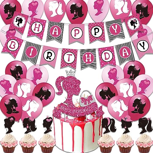 Hot Pink Girl Party Decorations Suitable for Birthday Party Decoration, Birthday Party Supplies Suitable for Hot Pink Girl Party Theme Include Balloons, Banner, Cake topper, Cupcake Topper