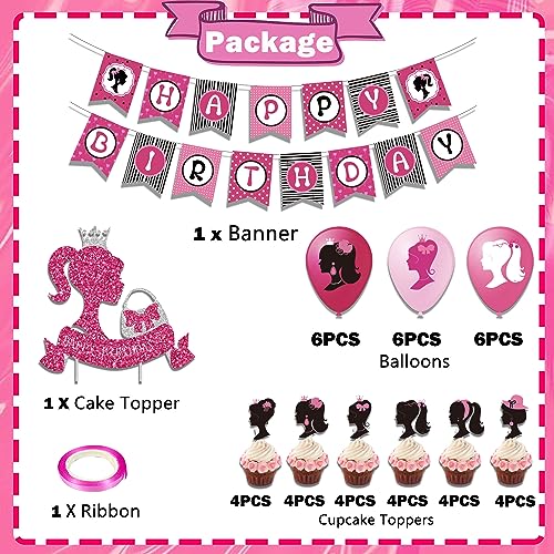 Hot Pink Girl Party Decorations Suitable for Birthday Party Decoration, Birthday Party Supplies Suitable for Hot Pink Girl Party Theme Include Balloons, Banner, Cake topper, Cupcake Topper