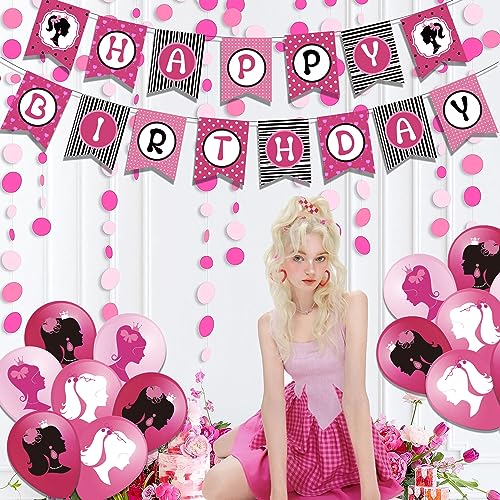 Hot Pink Girl Party Decorations Suitable for Birthday Party Decoration, Birthday Party Supplies Suitable for Hot Pink Girl Party Theme Include Balloons, Banner, Cake topper, Cupcake Topper