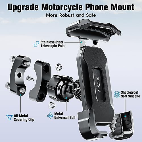 APQZHO Motorcycle Phone Mount Bike Phone Holder for Bicycle - [Anti-Shake] [Stable & Sturdy] 2023 Newest Aluminum Alloy Motorcycle Phone Holder Mount Compatible with iPhone, Samsung, All Cell Phones