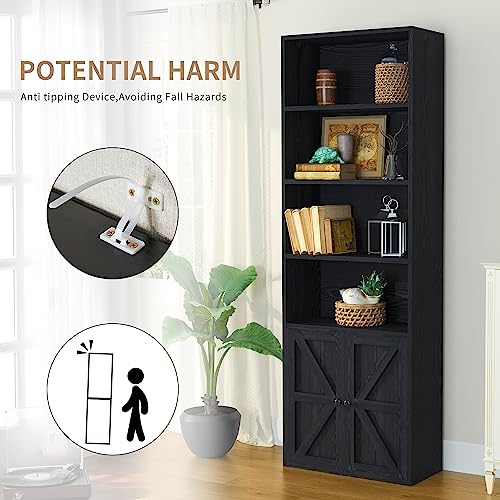 oneinmil Bookshelf and Bookcase, Floor Bookshelves and Office Storage Cabinets for Home Office, 6 Tier Wooden Bookshelves with Cabinet Doors, Living Room,Black