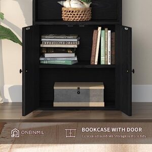 oneinmil Bookshelf and Bookcase, Floor Bookshelves and Office Storage Cabinets for Home Office, 6 Tier Wooden Bookshelves with Cabinet Doors, Living Room,Black