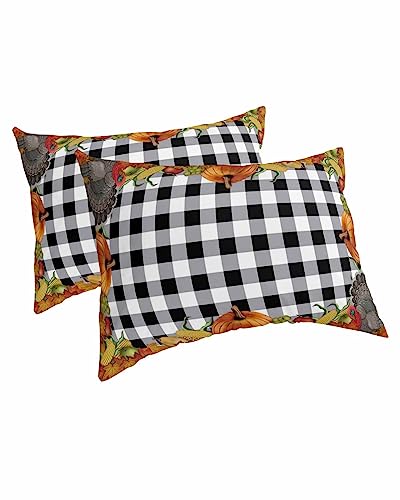 Thanksgiving Pillow Covers Standard Size Set of 2 Bed Pillow, Black White Plaid Turkey Farmhouse Pumpkin Maple Leaf Plush Soft Comfort for Hair/ Skin Cooling Pillowcases with Envelop Closure 20''x26''