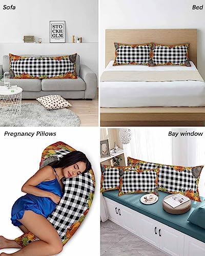 Thanksgiving Pillow Covers Standard Size Set of 2 Bed Pillow, Black White Plaid Turkey Farmhouse Pumpkin Maple Leaf Plush Soft Comfort for Hair/ Skin Cooling Pillowcases with Envelop Closure 20''x26''