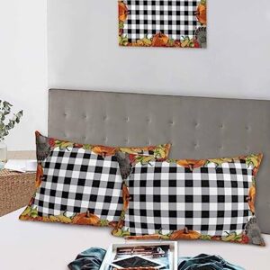 Thanksgiving Pillow Covers Standard Size Set of 2 Bed Pillow, Black White Plaid Turkey Farmhouse Pumpkin Maple Leaf Plush Soft Comfort for Hair/ Skin Cooling Pillowcases with Envelop Closure 20''x26''