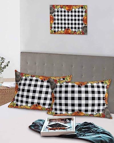 Thanksgiving Pillow Covers Standard Size Set of 2 Bed Pillow, Black White Plaid Turkey Farmhouse Pumpkin Maple Leaf Plush Soft Comfort for Hair/ Skin Cooling Pillowcases with Envelop Closure 20''x26''