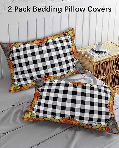 Thanksgiving Pillow Covers Standard Size Set of 2 Bed Pillow, Black White Plaid Turkey Farmhouse Pumpkin Maple Leaf Plush Soft Comfort for Hair/ Skin Cooling Pillowcases with Envelop Closure 20''x26''