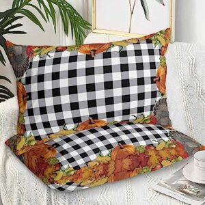 Thanksgiving Pillow Covers Standard Size Set of 2 Bed Pillow, Black White Plaid Turkey Farmhouse Pumpkin Maple Leaf Plush Soft Comfort for Hair/ Skin Cooling Pillowcases with Envelop Closure 20''x26''