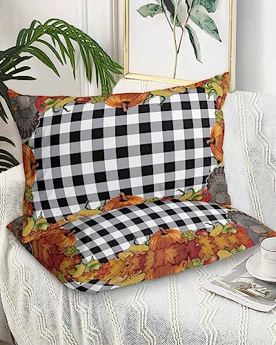 Thanksgiving Pillow Covers Standard Size Set of 2 Bed Pillow, Black White Plaid Turkey Farmhouse Pumpkin Maple Leaf Plush Soft Comfort for Hair/ Skin Cooling Pillowcases with Envelop Closure 20''x26''