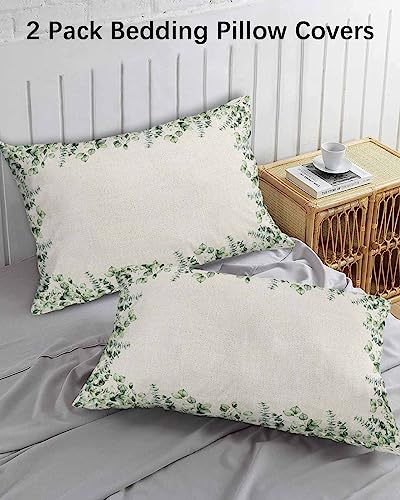 Spring Floral Pillow Covers Standard Size Set of 2 Bed Pillow, Rustic Green Botanical Summer Tropical Plants Plush Soft Comfort for Hair/ Skin Cooling Pillowcases with Envelop Closure 20''x26''