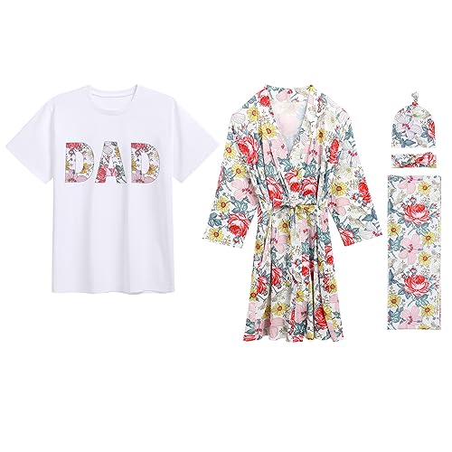 Mommy and Me Robe and Swaddle Set Floral Maternity and Baby Matching Hospital Labor Delivery Swaddling Wrap Blanket T-Shirt with Headband Hat for Mom Girls Boys Family Outfit Colourful Flower Daddy L