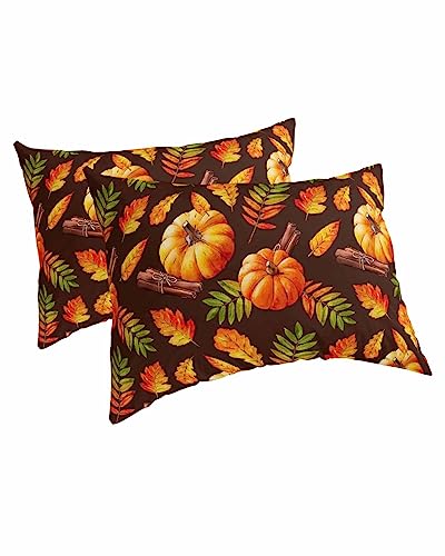 Edwiinsa Fall Pumpkin Pillow Covers King Standard Set of 2 Bed Pillow, Brown Autumn Maple Leaves Farmhouse Plush Soft Comfort for Hair/Skin Cooling Pillowcases with Envelop Closure 20''x36''