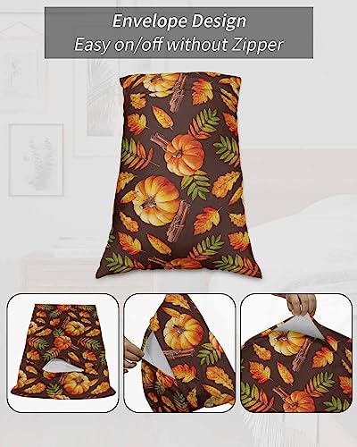 Edwiinsa Fall Pumpkin Pillow Covers King Standard Set of 2 Bed Pillow, Brown Autumn Maple Leaves Farmhouse Plush Soft Comfort for Hair/Skin Cooling Pillowcases with Envelop Closure 20''x36''