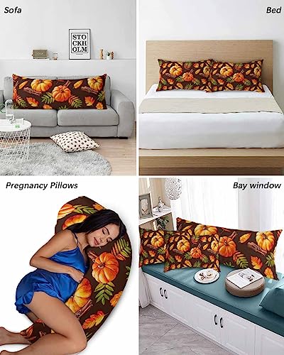 Edwiinsa Fall Pumpkin Pillow Covers King Standard Set of 2 Bed Pillow, Brown Autumn Maple Leaves Farmhouse Plush Soft Comfort for Hair/Skin Cooling Pillowcases with Envelop Closure 20''x36''