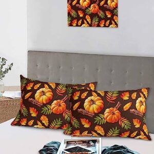 Edwiinsa Fall Pumpkin Pillow Covers King Standard Set of 2 Bed Pillow, Brown Autumn Maple Leaves Farmhouse Plush Soft Comfort for Hair/Skin Cooling Pillowcases with Envelop Closure 20''x36''