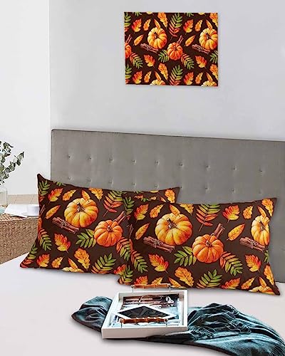 Edwiinsa Fall Pumpkin Pillow Covers King Standard Set of 2 Bed Pillow, Brown Autumn Maple Leaves Farmhouse Plush Soft Comfort for Hair/Skin Cooling Pillowcases with Envelop Closure 20''x36''