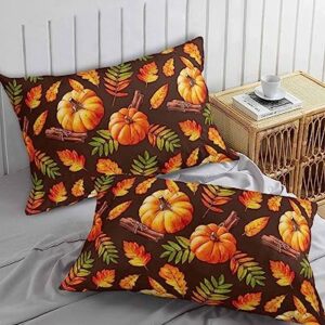 Edwiinsa Fall Pumpkin Pillow Covers King Standard Set of 2 Bed Pillow, Brown Autumn Maple Leaves Farmhouse Plush Soft Comfort for Hair/Skin Cooling Pillowcases with Envelop Closure 20''x36''