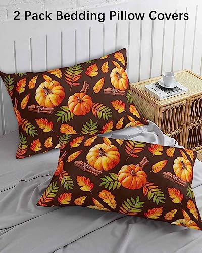 Edwiinsa Fall Pumpkin Pillow Covers King Standard Set of 2 Bed Pillow, Brown Autumn Maple Leaves Farmhouse Plush Soft Comfort for Hair/Skin Cooling Pillowcases with Envelop Closure 20''x36''