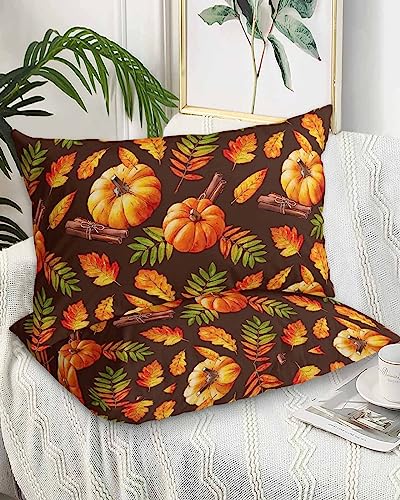 Edwiinsa Fall Pumpkin Pillow Covers King Standard Set of 2 Bed Pillow, Brown Autumn Maple Leaves Farmhouse Plush Soft Comfort for Hair/Skin Cooling Pillowcases with Envelop Closure 20''x36''