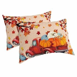 Edwiinsa Thanksgiving Pillow Covers Standard Size Set of 2 Bed Pillow, Fall Pumpkin Maple Leaf Truck Burlap Plush Soft Comfort for Hair/Skin Cooling Pillowcases with Envelop Closure 20''x26''