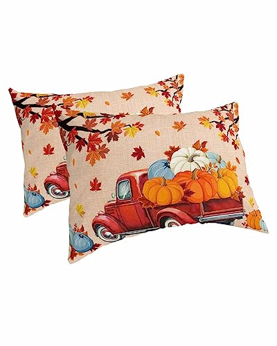 Edwiinsa Thanksgiving Pillow Covers Standard Size Set of 2 Bed Pillow, Fall Pumpkin Maple Leaf Truck Burlap Plush Soft Comfort for Hair/Skin Cooling Pillowcases with Envelop Closure 20''x26''