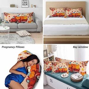 Edwiinsa Thanksgiving Pillow Covers Standard Size Set of 2 Bed Pillow, Fall Pumpkin Maple Leaf Truck Burlap Plush Soft Comfort for Hair/Skin Cooling Pillowcases with Envelop Closure 20''x26''