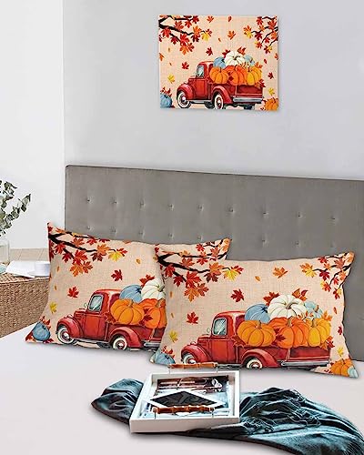 Edwiinsa Thanksgiving Pillow Covers Standard Size Set of 2 Bed Pillow, Fall Pumpkin Maple Leaf Truck Burlap Plush Soft Comfort for Hair/Skin Cooling Pillowcases with Envelop Closure 20''x26''