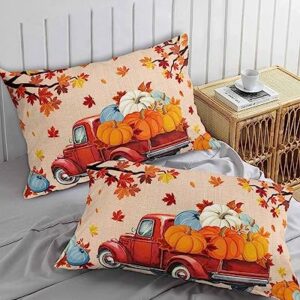 Edwiinsa Thanksgiving Pillow Covers Standard Size Set of 2 Bed Pillow, Fall Pumpkin Maple Leaf Truck Burlap Plush Soft Comfort for Hair/Skin Cooling Pillowcases with Envelop Closure 20''x26''