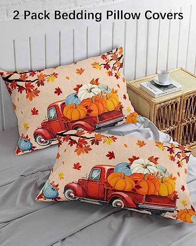 Edwiinsa Thanksgiving Pillow Covers Standard Size Set of 2 Bed Pillow, Fall Pumpkin Maple Leaf Truck Burlap Plush Soft Comfort for Hair/Skin Cooling Pillowcases with Envelop Closure 20''x26''