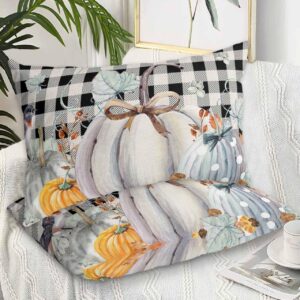 Thanksgiving Pillow Covers Standard Size Set of 2 Bed Pillow, Farmhouse Black Plaid Fall Pumpkin Maple Leaves Plush Soft Comfort for Hair/ Skin Cooling Pillowcases with Envelop Closure 20''x26''