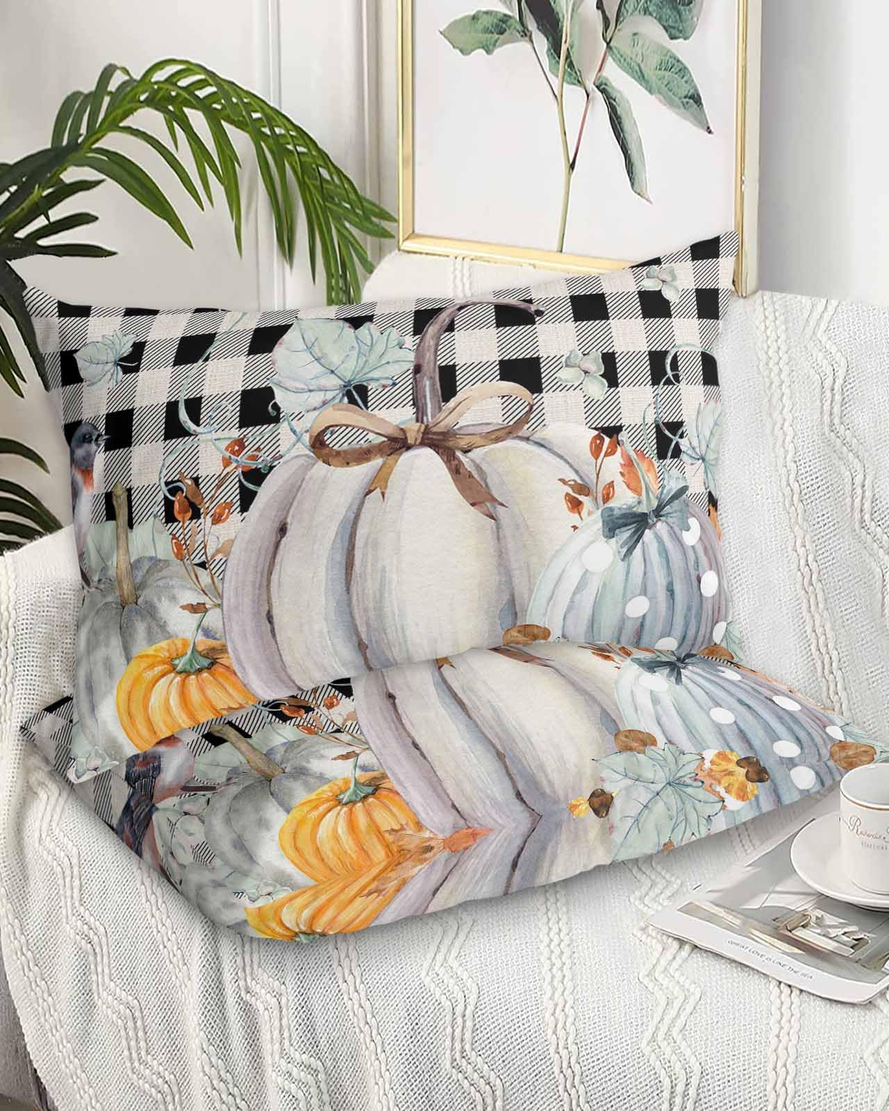 Thanksgiving Pillow Covers Standard Size Set of 2 Bed Pillow, Farmhouse Black Plaid Fall Pumpkin Maple Leaves Plush Soft Comfort for Hair/ Skin Cooling Pillowcases with Envelop Closure 20''x26''