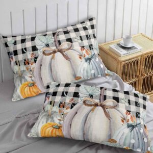 Thanksgiving Pillow Covers Standard Size Set of 2 Bed Pillow, Farmhouse Black Plaid Fall Pumpkin Maple Leaves Plush Soft Comfort for Hair/ Skin Cooling Pillowcases with Envelop Closure 20''x26''