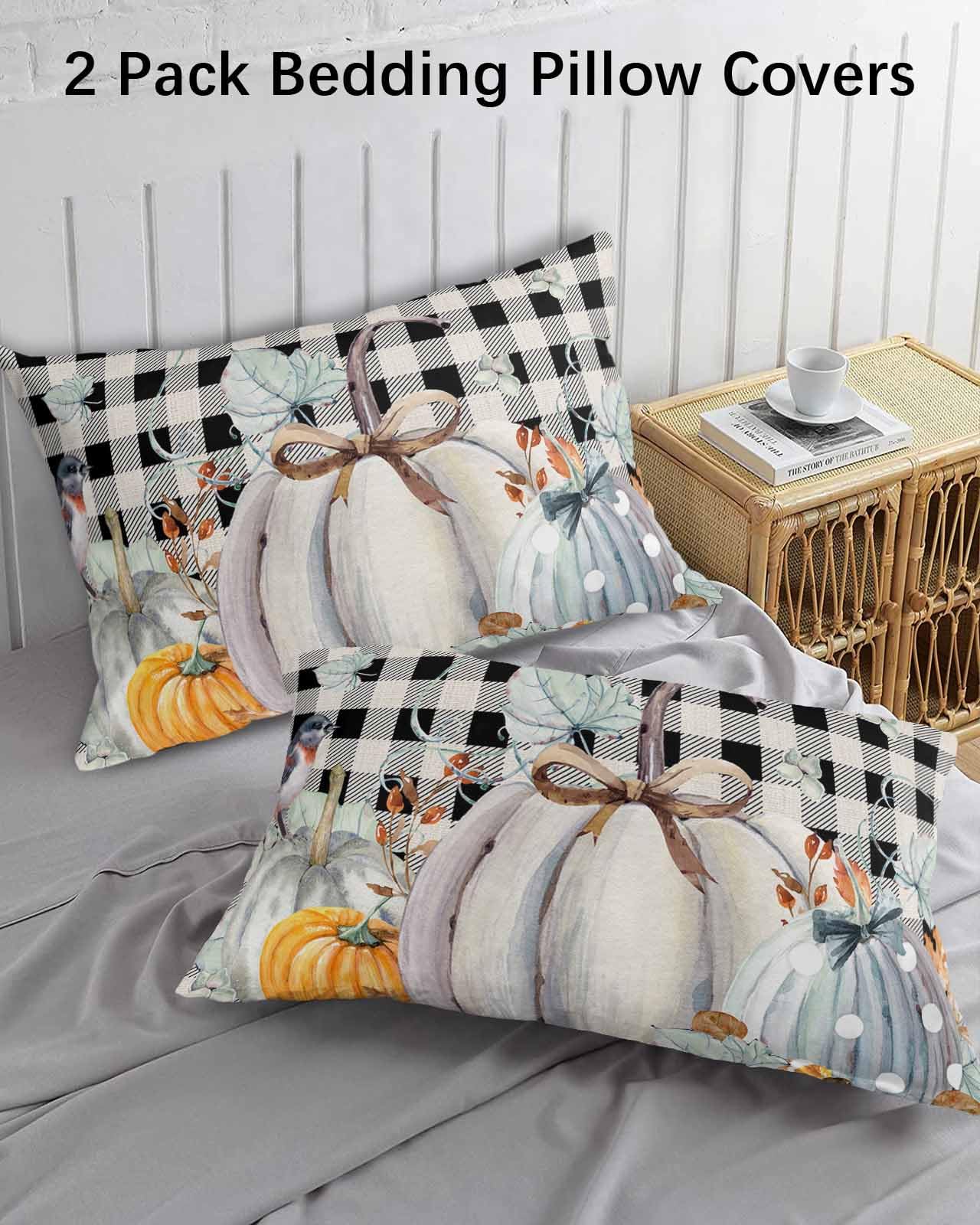 Thanksgiving Pillow Covers Standard Size Set of 2 Bed Pillow, Farmhouse Black Plaid Fall Pumpkin Maple Leaves Plush Soft Comfort for Hair/ Skin Cooling Pillowcases with Envelop Closure 20''x26''