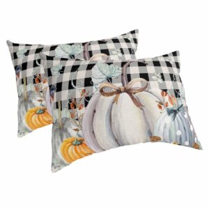 Thanksgiving Pillow Covers Standard Size Set of 2 Bed Pillow, Farmhouse Black Plaid Fall Pumpkin Maple Leaves Plush Soft Comfort for Hair/ Skin Cooling Pillowcases with Envelop Closure 20''x26''