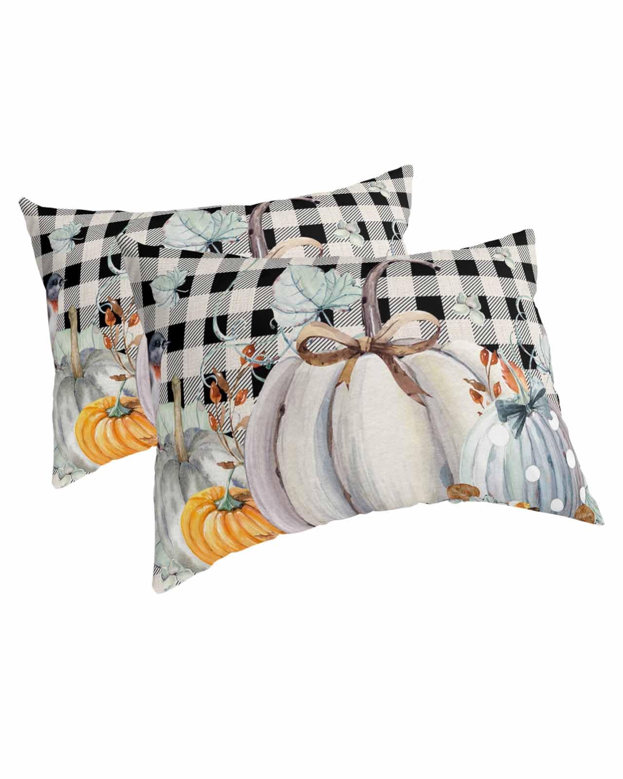 Thanksgiving Pillow Covers Standard Size Set of 2 Bed Pillow, Farmhouse Black Plaid Fall Pumpkin Maple Leaves Plush Soft Comfort for Hair/ Skin Cooling Pillowcases with Envelop Closure 20''x26''